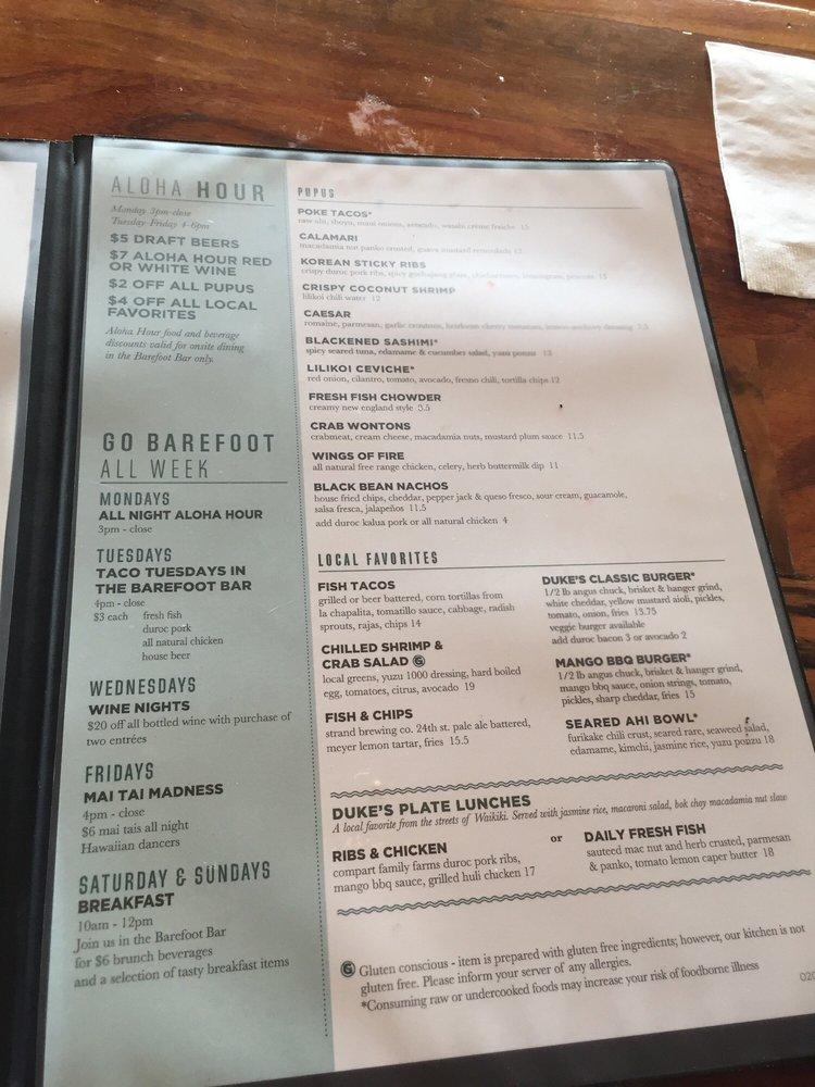 Menu at Duke's Malibu restaurant, Malibu