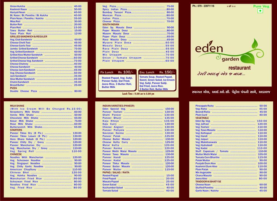Menu at Eden Garden Restaurant, Adalaj, Top Floor Swagat City Mall