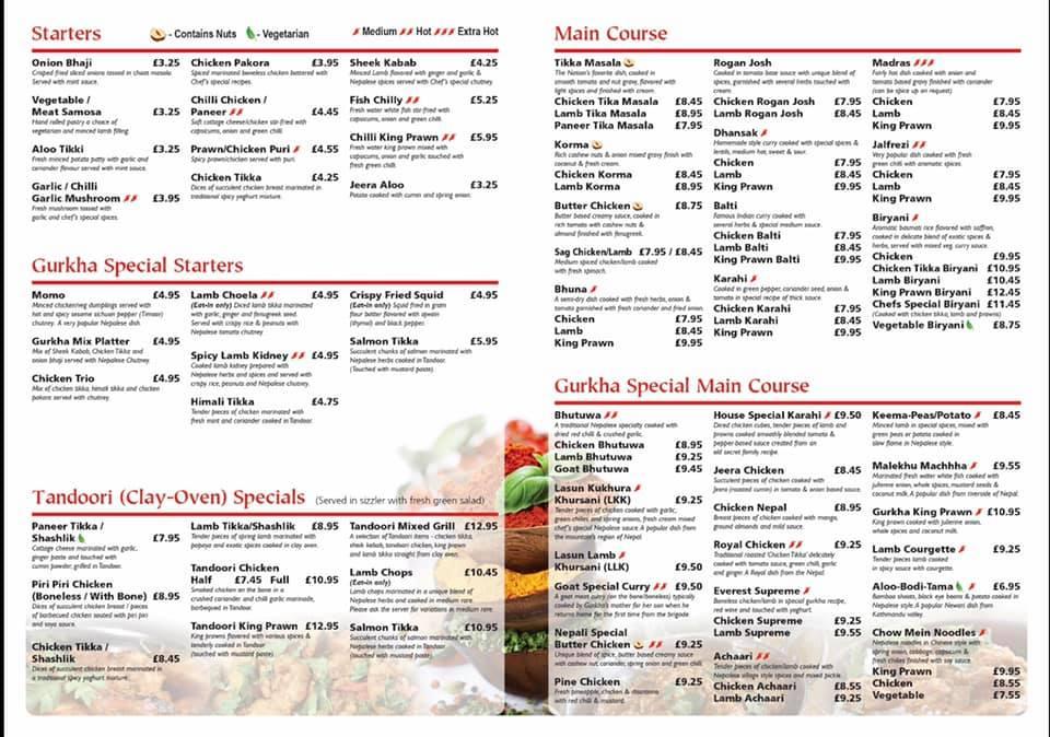 Menu at Gurkha Spice restaurant, March