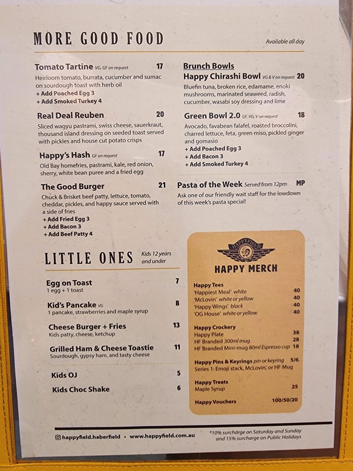 Menu at Happyfield Haberfield cafe, Haberfield