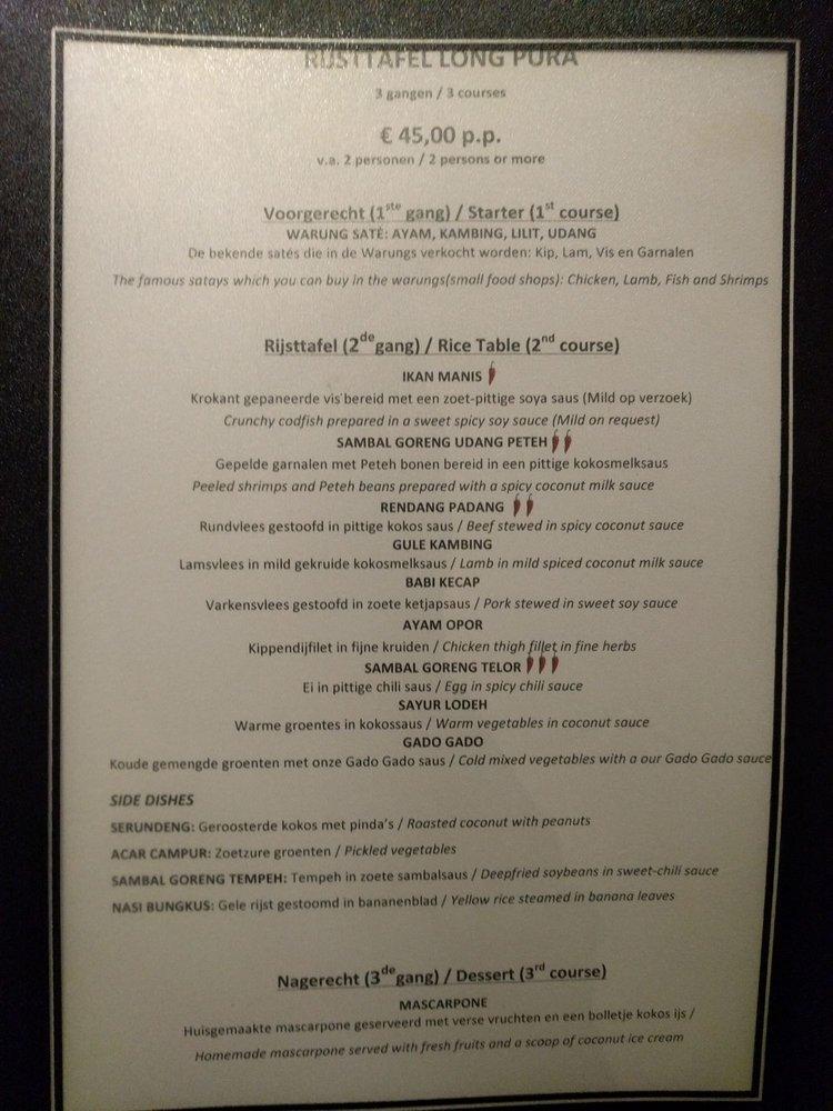 Menu at Indonesisch Restaurant Long Pura, Amsterdam
