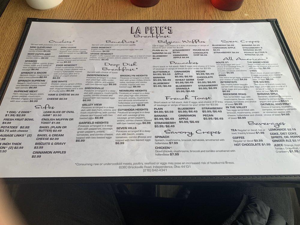 Menu at L.A. Pete's pizzeria, Independence