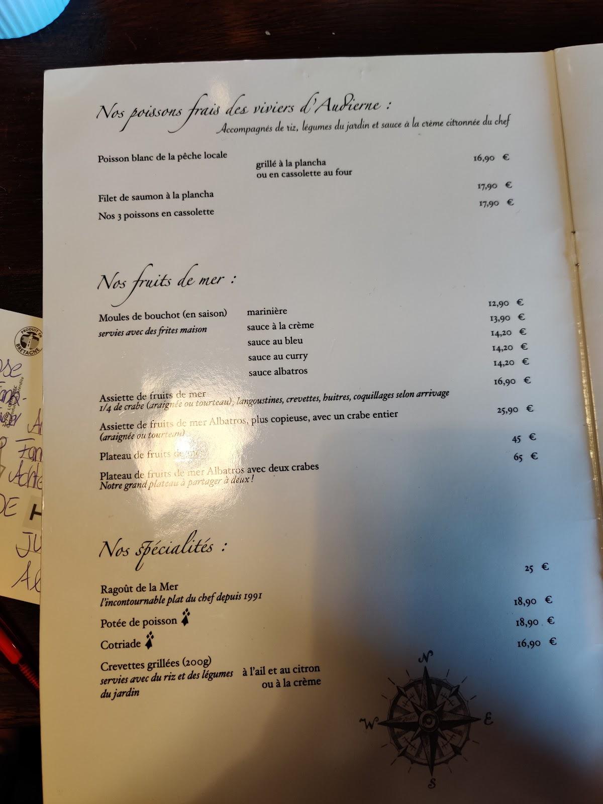 Menu at L'albatros restaurant, Audierne