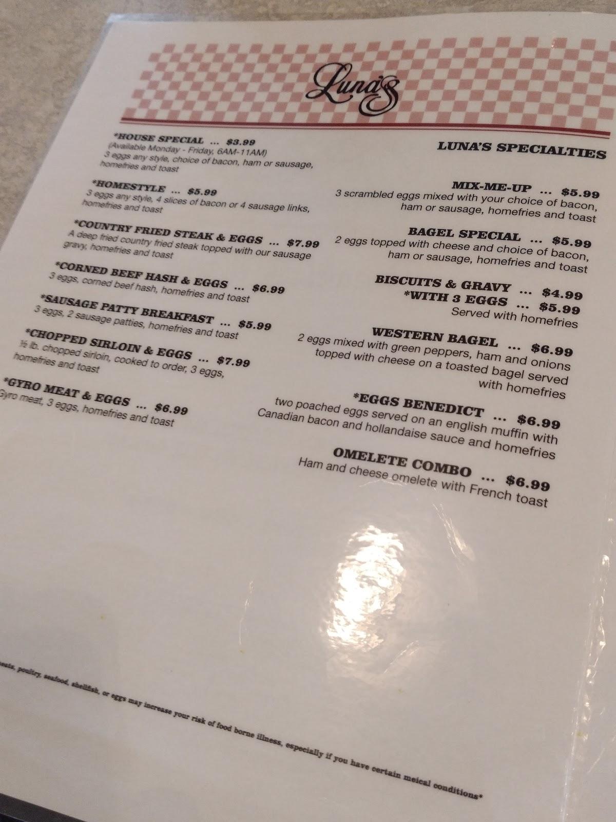 Menu at Luna's Family Restaurant, Brunswick