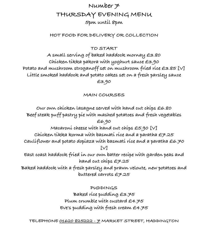Menu at Number 7 restaurant, Haddington