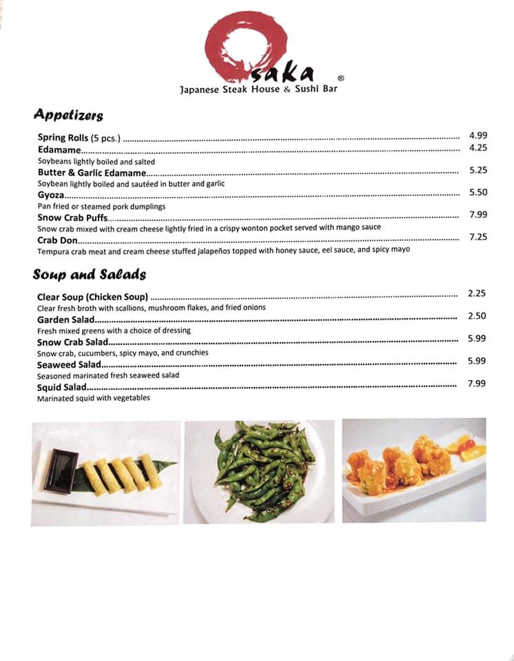 Menu at Osaka Japanese Cuisine restaurant, Houma