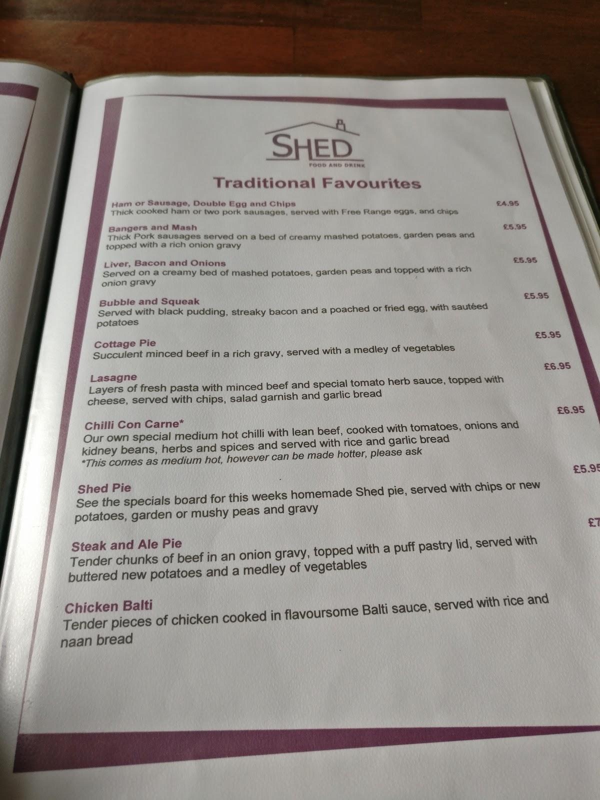 Menu at Shed Food & Drink pub & bar, Stourport-on-Severn, Countryside ...