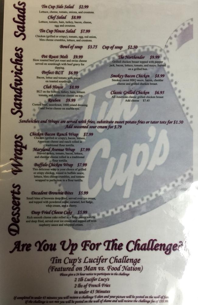 Menu at Tin Cup's pub & bar, Saint Paul