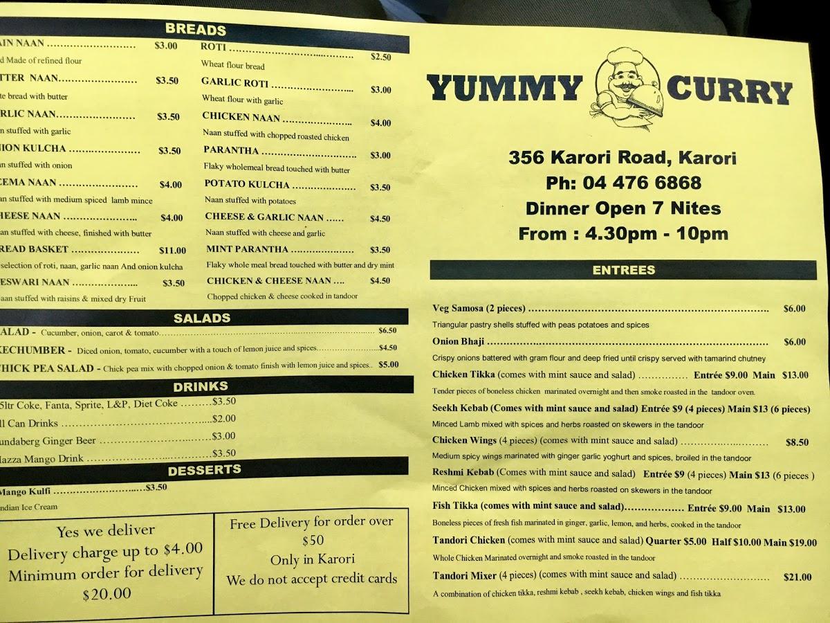 Menu at Yummy Curry fast food, Wellington