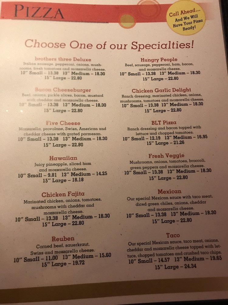Menu at The Brothers Three pizzeria, Marinette