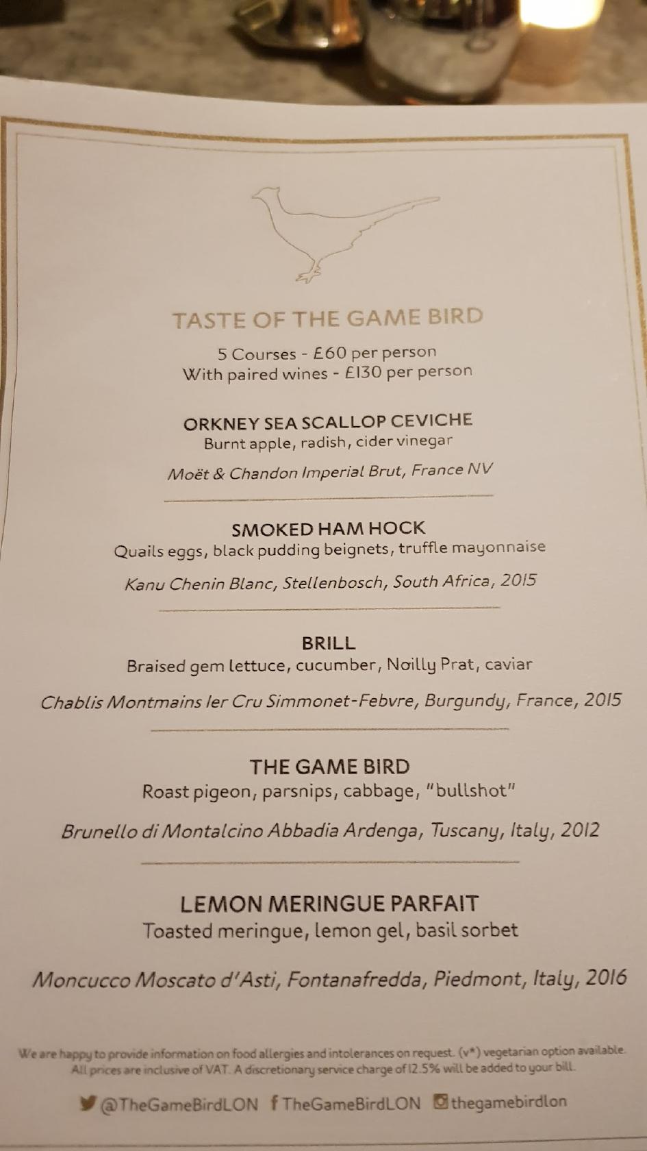 Menu at The Game Bird pub & bar, London