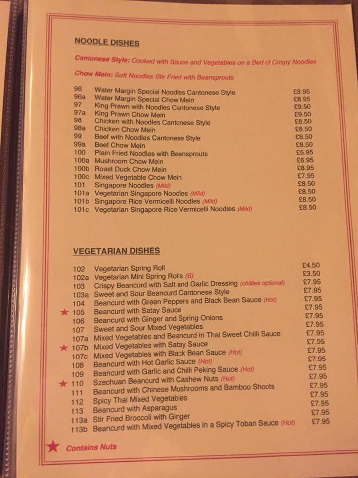 Menu at The Water Margin restaurant, Witney