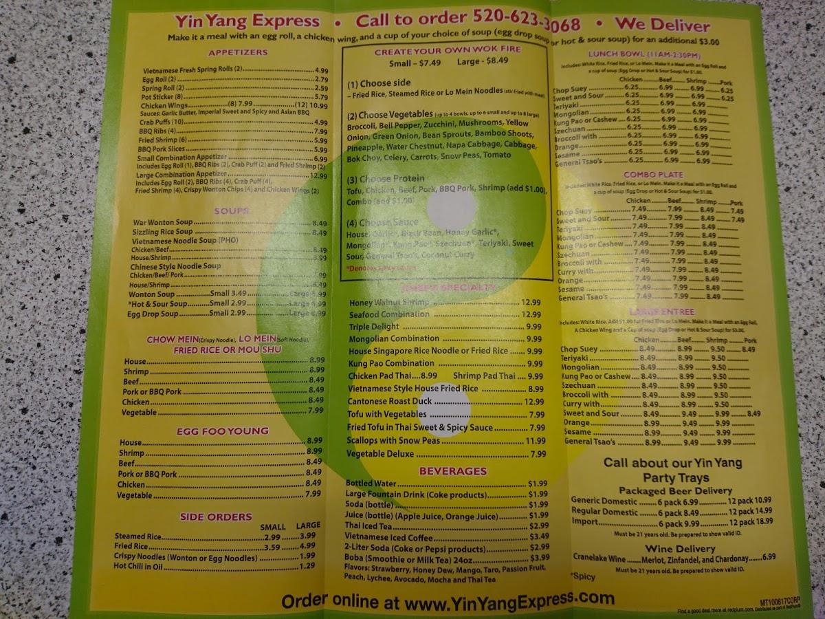 Menu at Yin Yang Express restaurant, Tucson