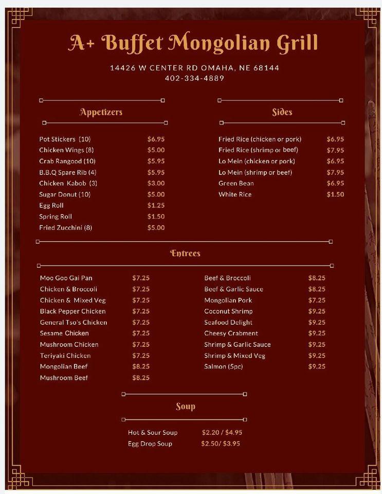 Menu at A+ Buffet Mongolian Grill restaurant, Omaha