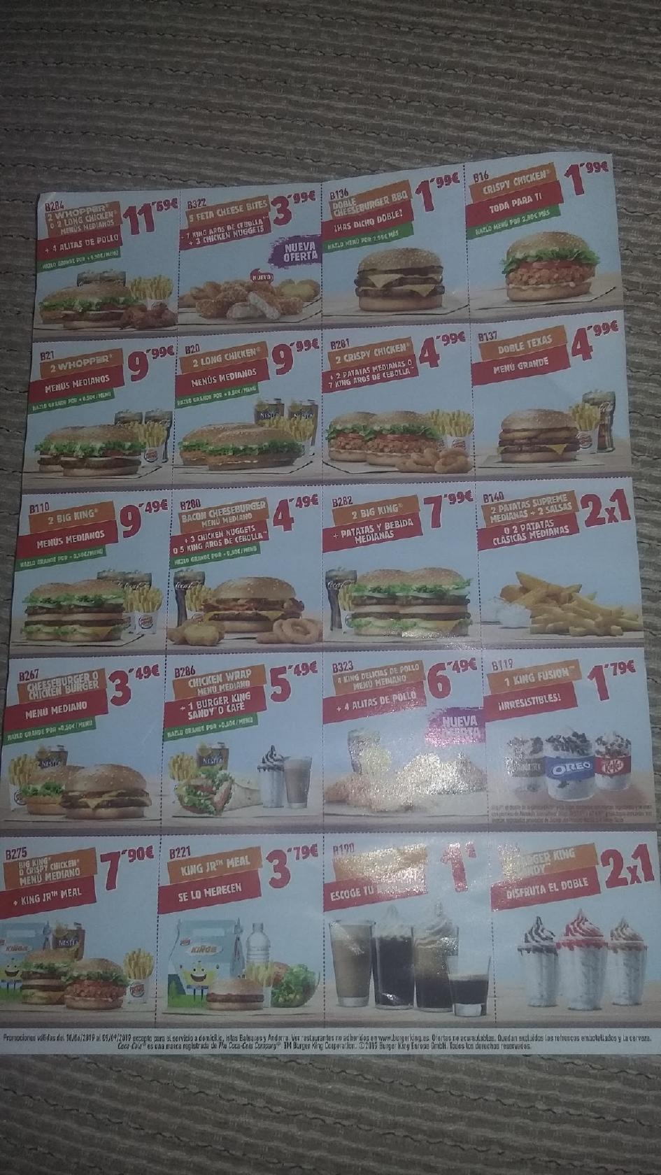 Menu at Burger King restaurant, Los Alcázares
