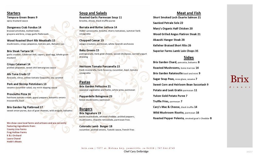 Menu at Brix pub & bar, Yountville