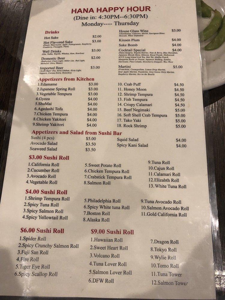 Menu at Hanashi Hibachi and Sushi restaurant, Murphy