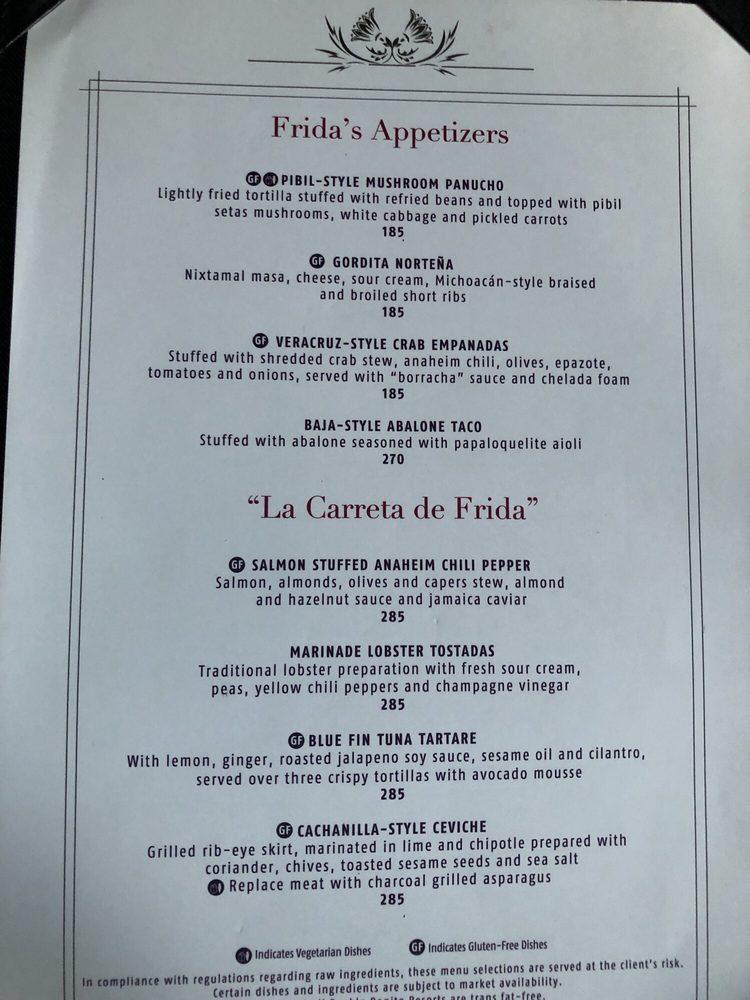 Menu at LaFrida Restaurant, Cabo San Lucas