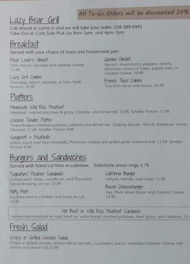 Menu at Lazy Bear Grill restaurant, Barnum