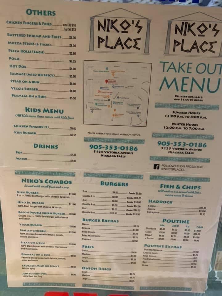 Menu at Niko's Place restaurant, Niagara Falls