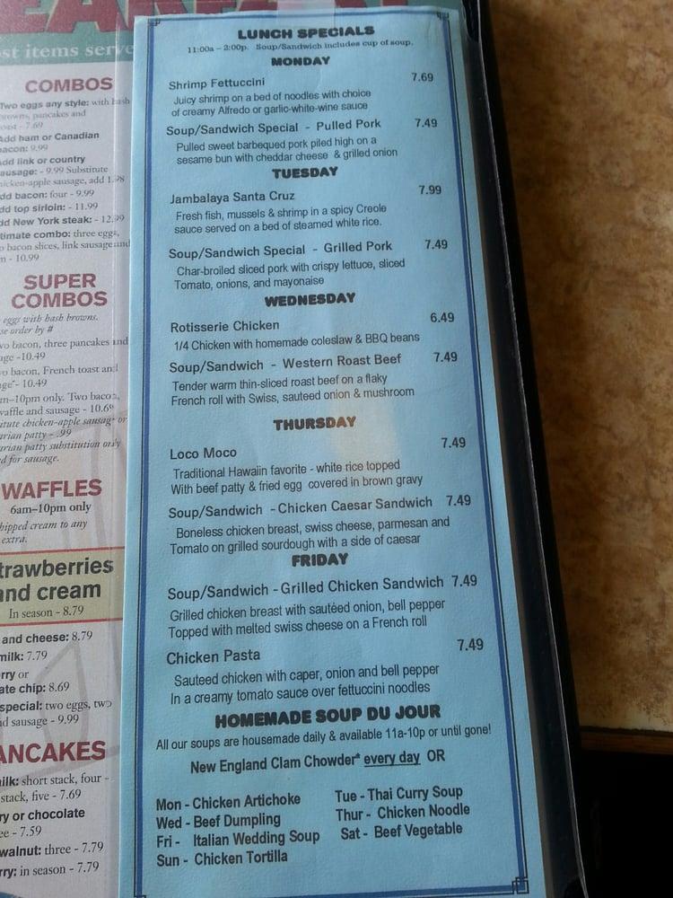 Menu at Santa Cruz Diner restaurant, Santa Cruz