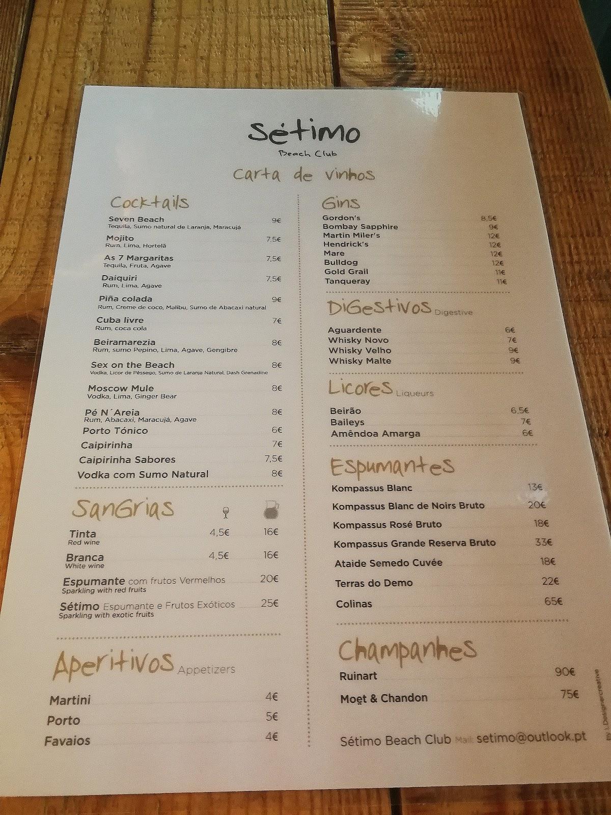 Menu em Restaurante Sétimo Beach Club, Gafanha da Nazaré