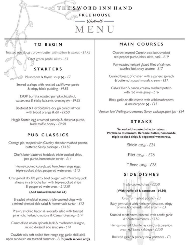 Menu at The Sword Inn Hand pub & bar, Buntingford