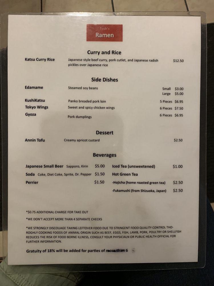 Menu at Tosh's Ramen restaurant, Salt Lake City, S State St