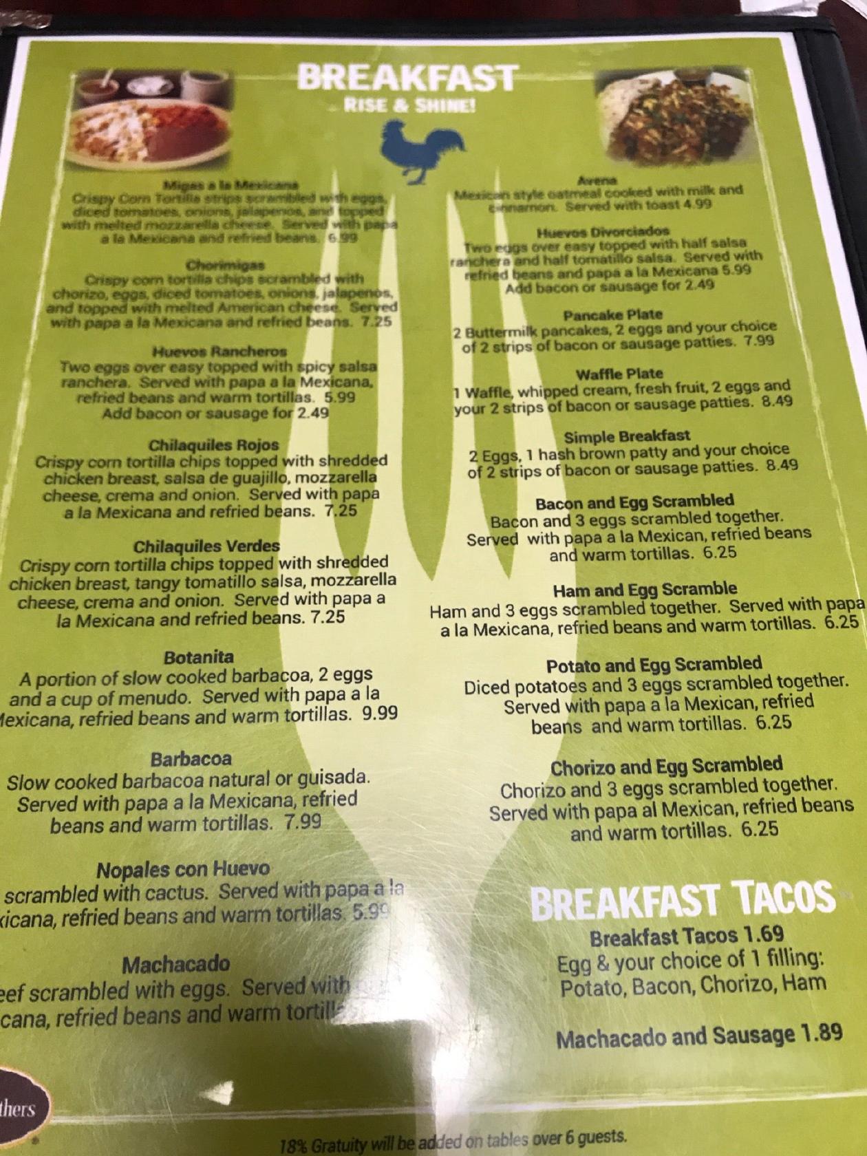 Menu at YaYa's Cocina Mexicana restaurant, Mission