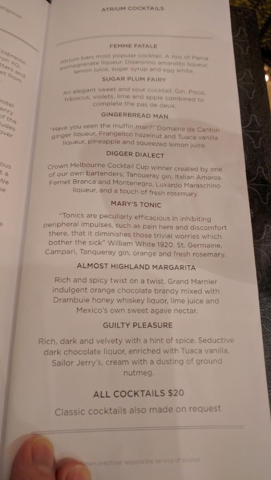 Menu at Atrium Bar, Southbank, Crown Melbourne