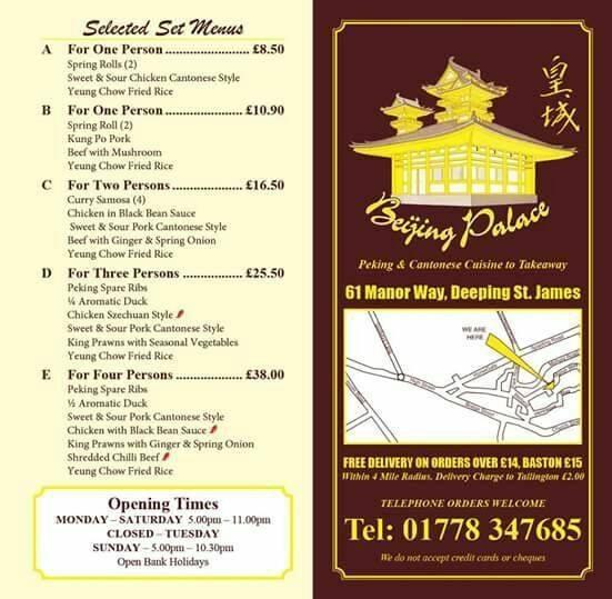Menu at Beijing Palace restaurant, Peterborough