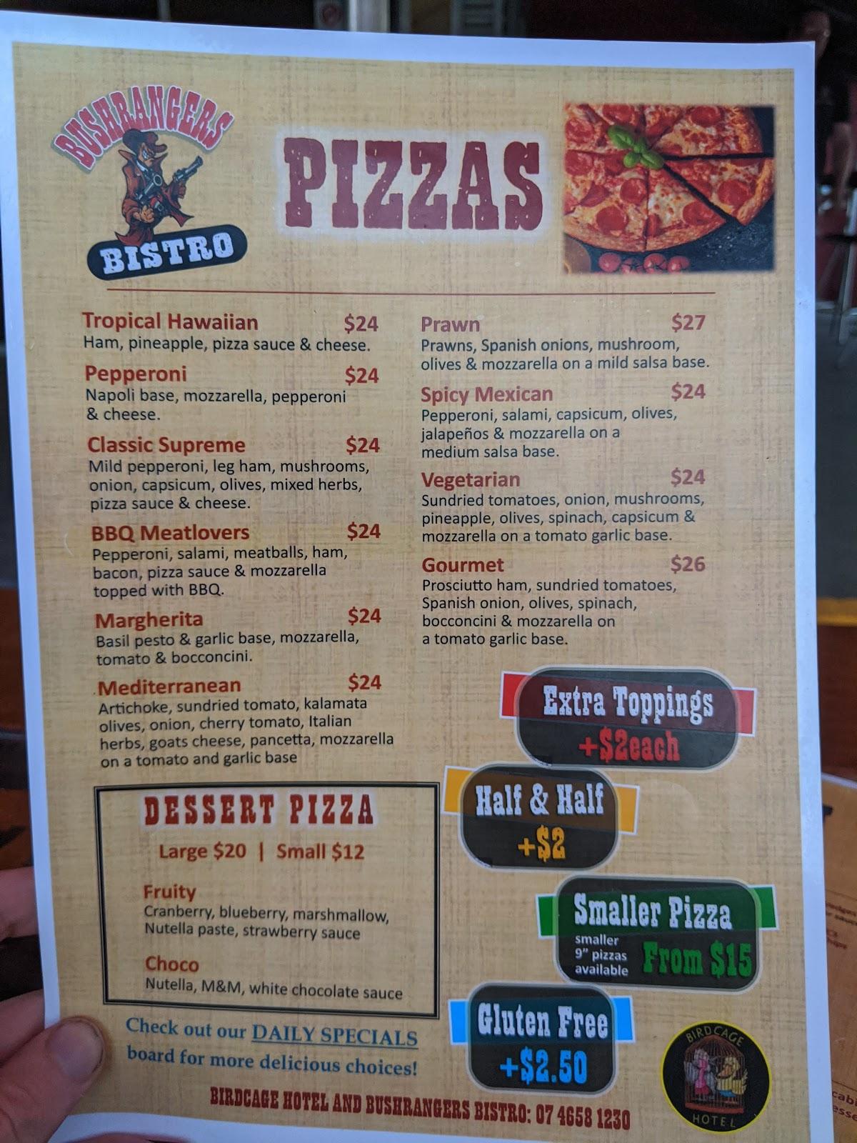Menu at Bushrangers Bistro pub & bar, Longreach