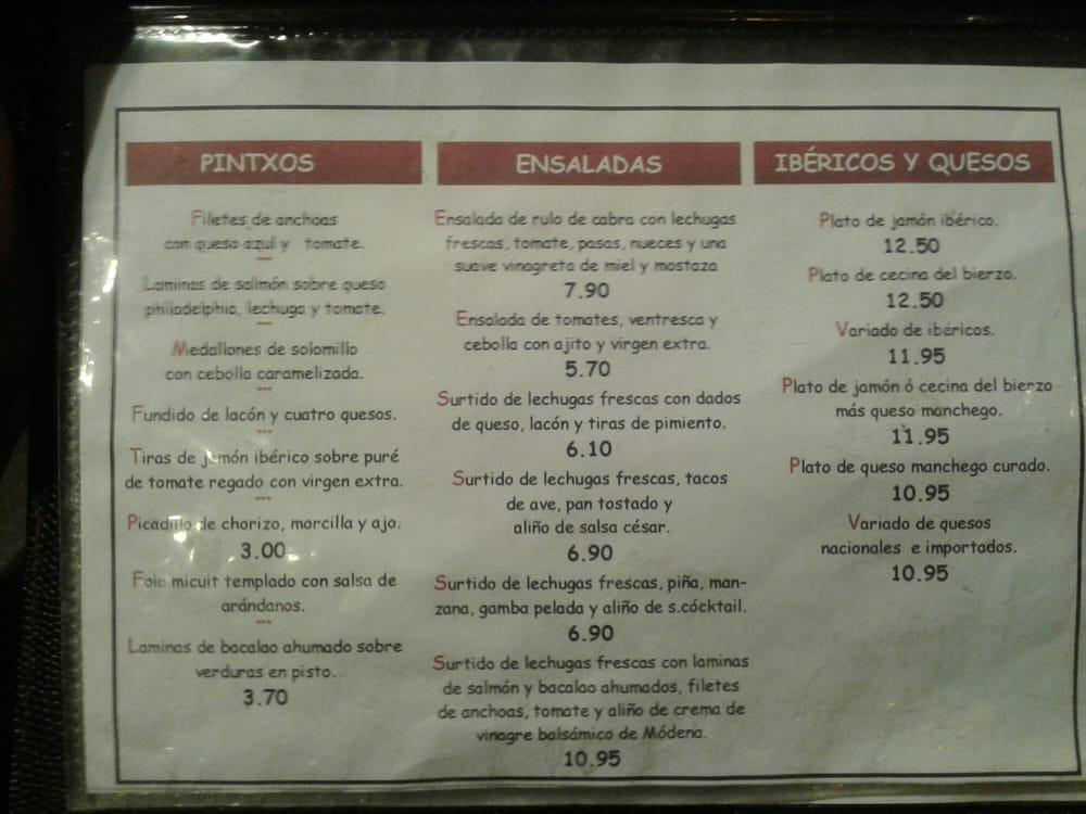 Menu at Candente pub & bar, Madrid