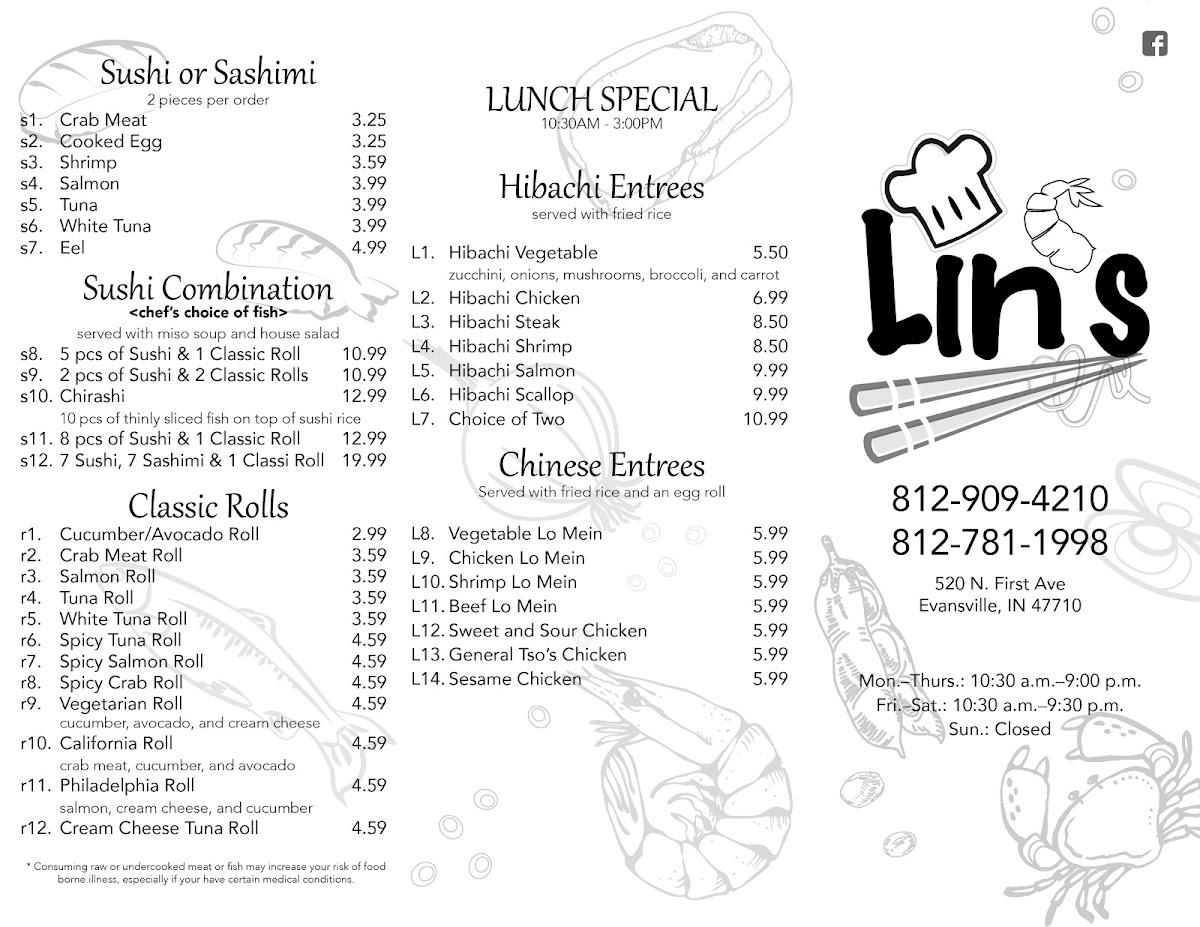 Menu at Lin's Asian Express restaurant, Evansville