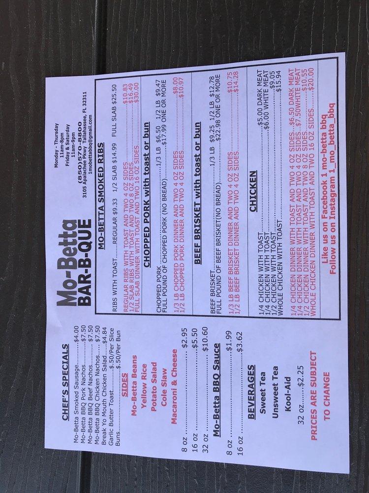 Menu at Mo-Betta BBQ, Tallahassee