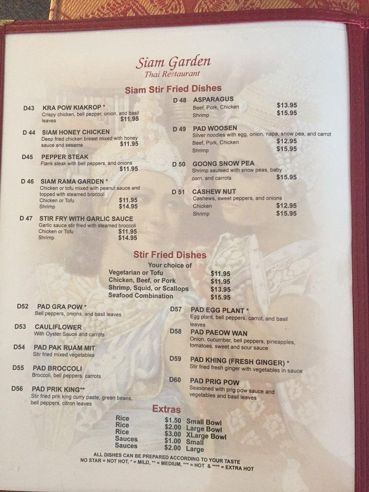 Carta del restaurante Siam Garden, Charlotte