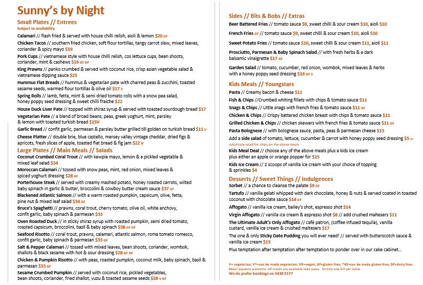Menu at Sunnys @ Moffat restaurant, Moffat Beach