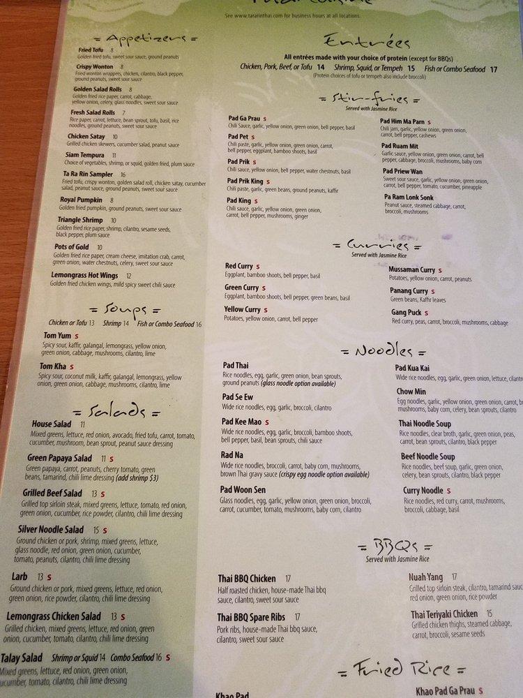 Menu at Ta Ra Rin Thai Cuisine (Springfield) restaurant, Springfield ...