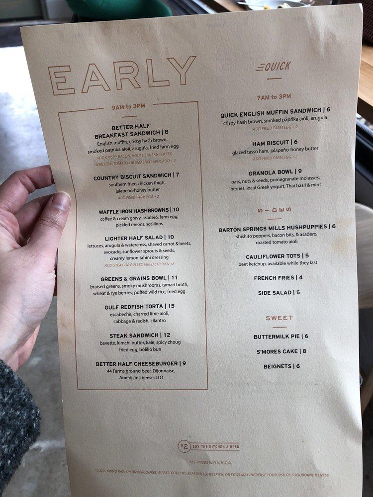 Menu at Better Half Coffee & Cocktails pub & bar, Austin