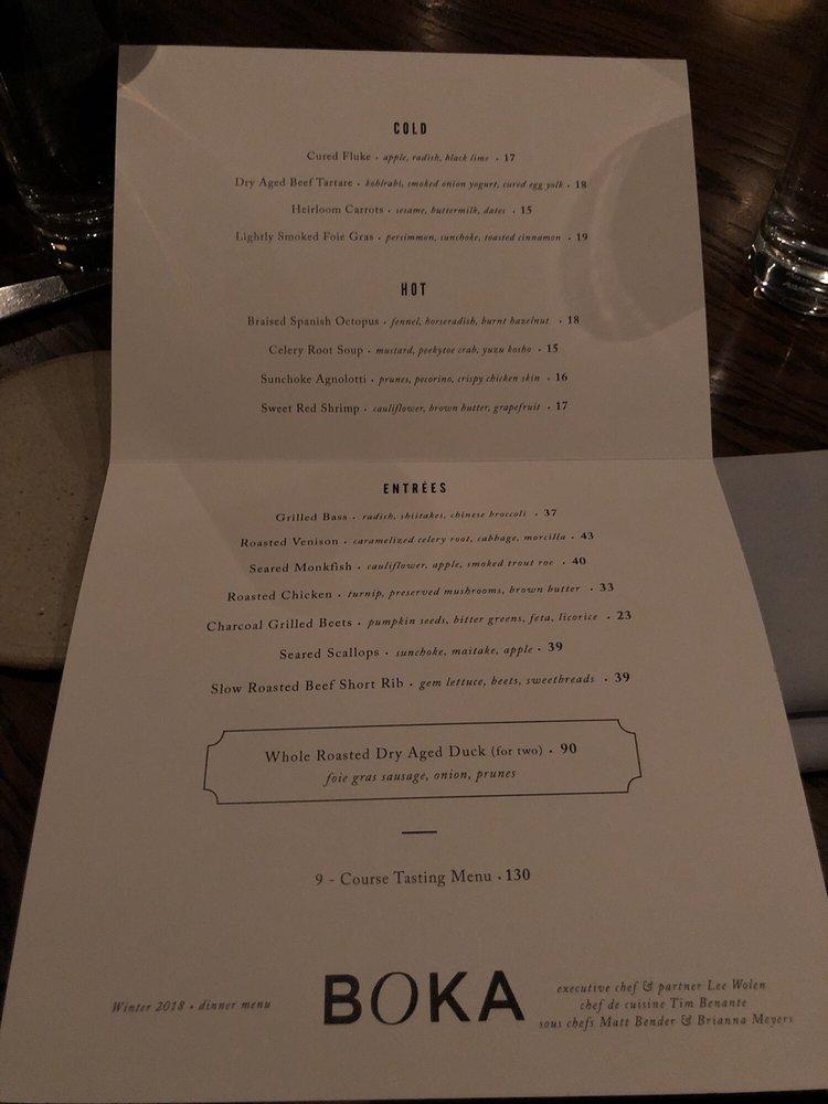 Menu at Boka restaurant, Chicago
