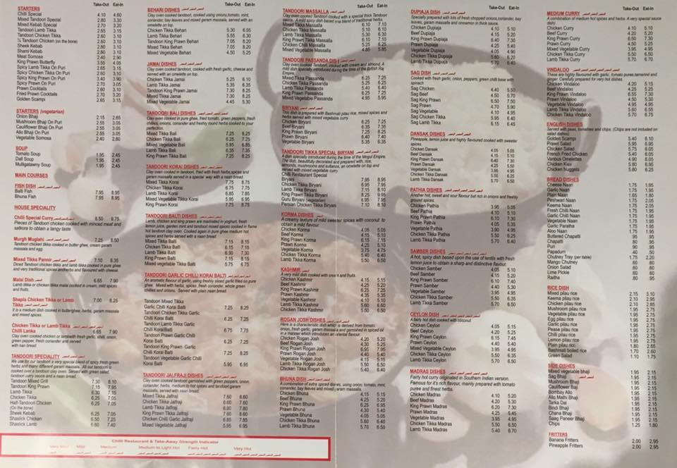 Menu at Chilli Restaurant, Hull
