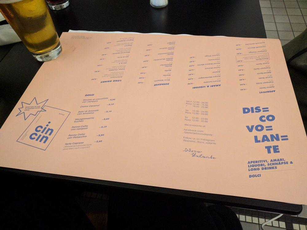Menu at Disco Volante pizzeria, Vienna