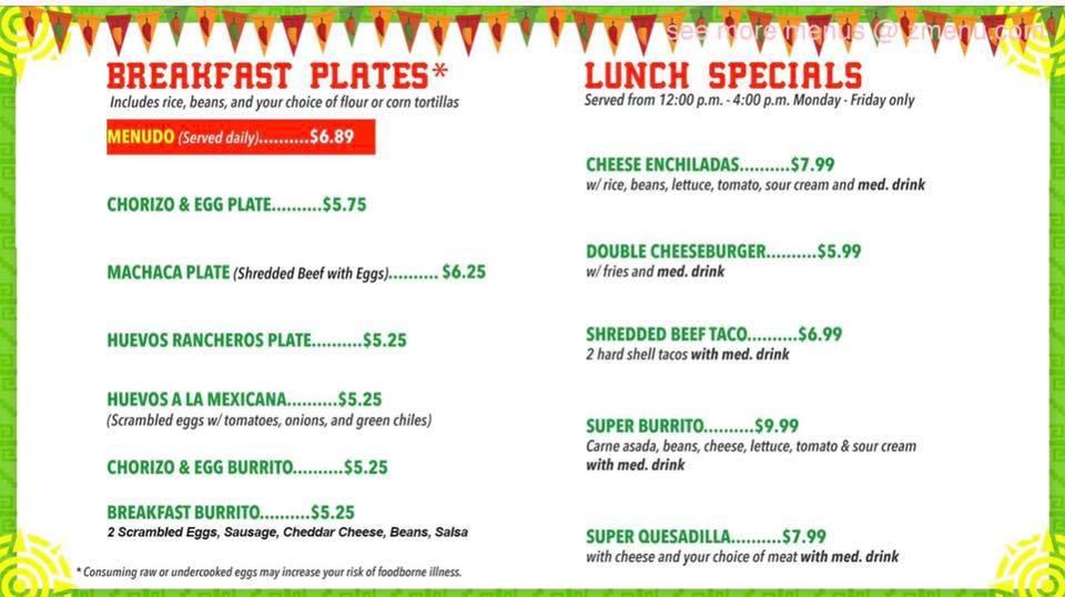 Menu at Durango Taco Shop restaurant, Las Vegas, E Flamingo Rd