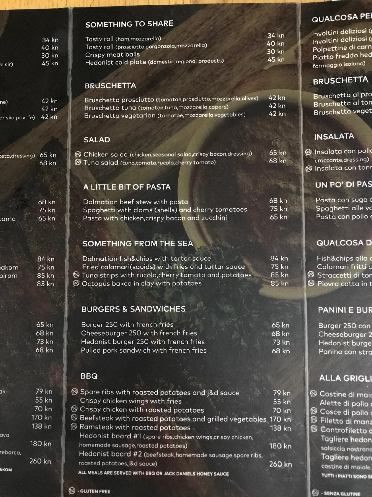 Menu at Restoran Hedonist restaurant, Zadar