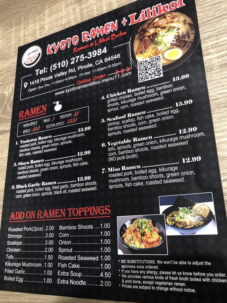 Menu at Kyoto Ramen + Lilikoi restaurant, Pinole