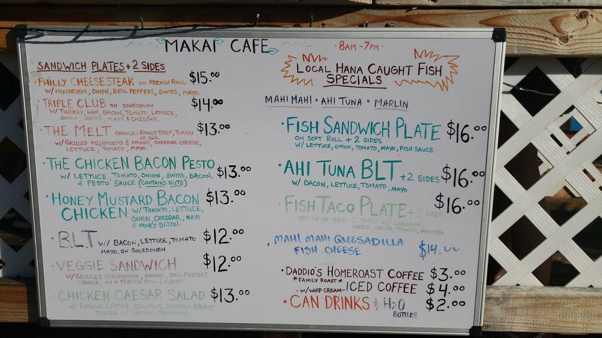 Menu at Makai Cafe, Hana, 5123 Hana Hwy
