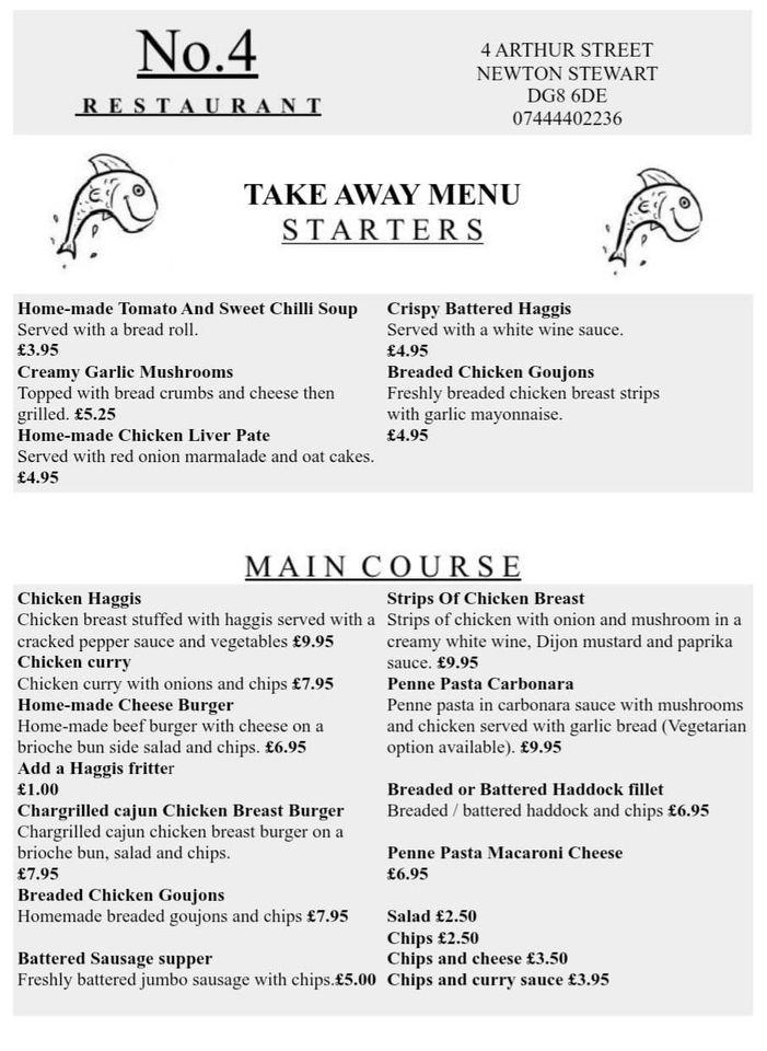 Menu at No.4 Restaurant, Newton Stewart