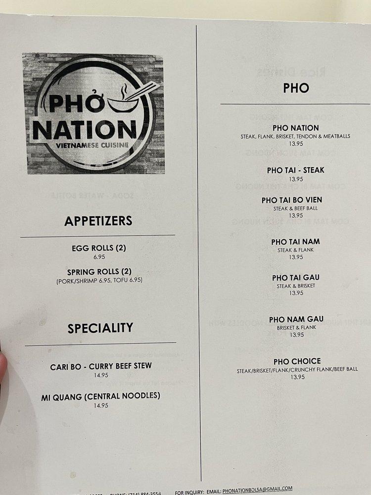 Menu at Pho Nation restaurant, Westminster