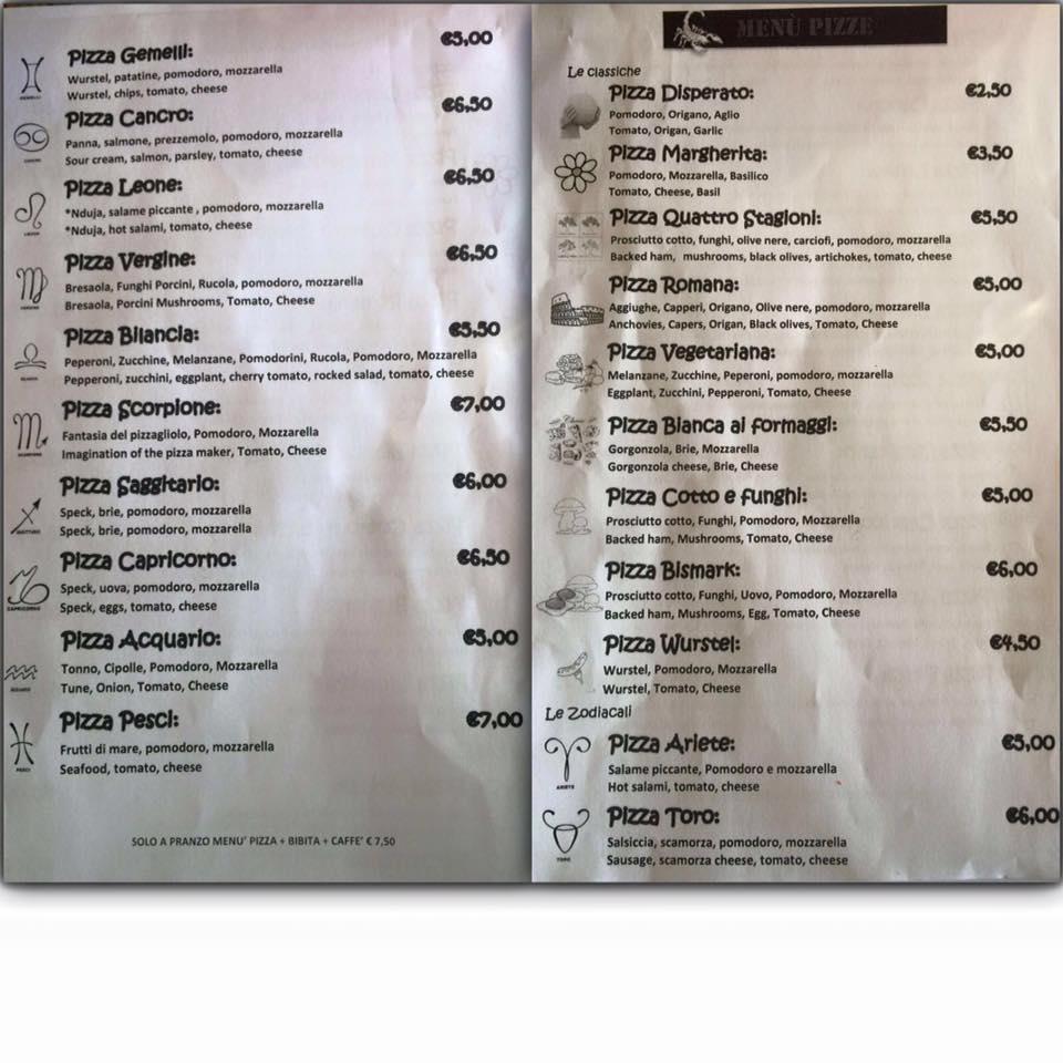 Menu at Scorpion Lucky Bar, Opera