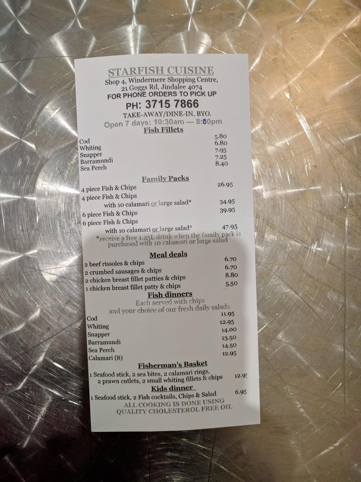 Menu at Starfish Cuisine restaurant, Jindalee